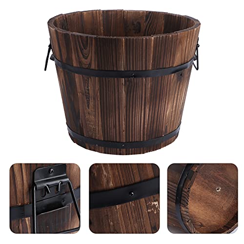 YARDWE Wooden Flower Bucket Rustic Flower Planters Wood Barrels Bucket Plant Pots Boxes Pails Container with Drainage Holes Handles for Patio Garden Backyard