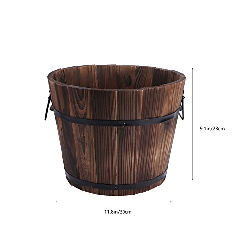 YARDWE Wooden Flower Bucket Rustic Flower Planters Wood Barrels Bucket Plant Pots Boxes Pails Container with Drainage Holes Handles for Patio Garden Backyard