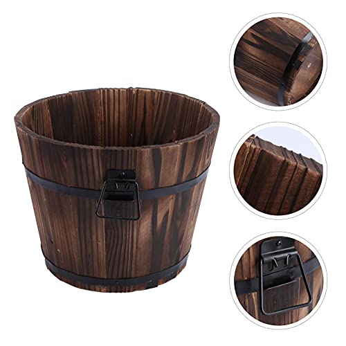 YARDWE Wooden Flower Bucket Rustic Flower Planters Wood Barrels Bucket Plant Pots Boxes Pails Container with Drainage Holes Handles for Patio Garden Backyard