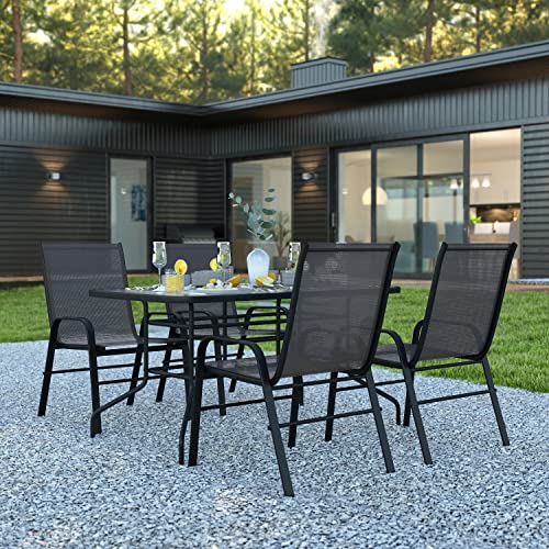 Flash Furniture 4 Flex Comfort Stack Chairs, 55" Tempered Glass Patio Table with Umbrella Hole, Black