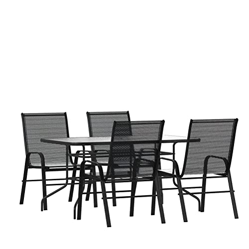 Flash Furniture 4 Flex Comfort Stack Chairs, 55" Tempered Glass Patio Table with Umbrella Hole, Black