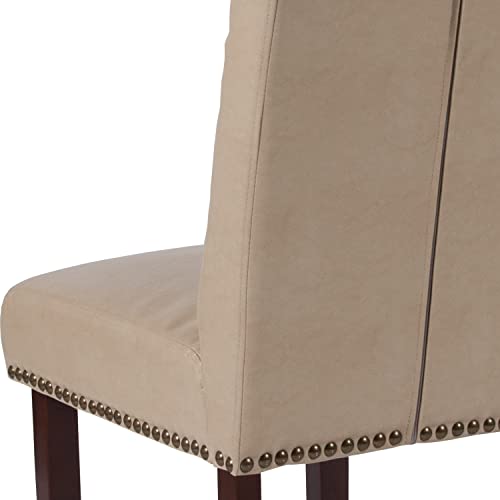 Flash Furniture Set of 6 Hercules Series Beige LeatherSoft Parsons Chairs with Rolled Back, Accent Nail Trim and Walnut Finish