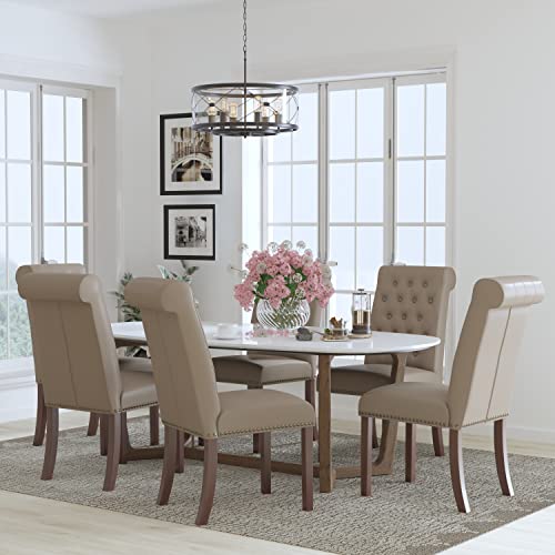 Flash Furniture Set of 6 Hercules Series Beige LeatherSoft Parsons Chairs with Rolled Back, Accent Nail Trim and Walnut Finish