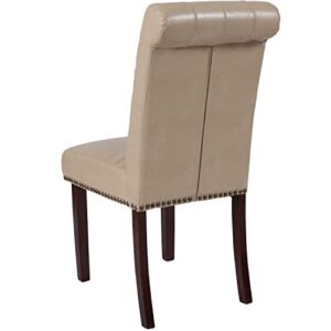 Flash Furniture Set of 6 Hercules Series Beige LeatherSoft Parsons Chairs with Rolled Back, Accent Nail Trim and Walnut Finish