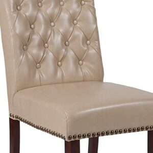 Flash Furniture Set of 6 Hercules Series Beige LeatherSoft Parsons Chairs with Rolled Back, Accent Nail Trim and Walnut Finish