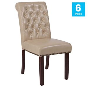 Flash Furniture Set of 6 Hercules Series Beige LeatherSoft Parsons Chairs with Rolled Back, Accent Nail Trim and Walnut Finish