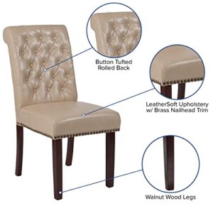 Flash Furniture Set of 6 Hercules Series Beige LeatherSoft Parsons Chairs with Rolled Back, Accent Nail Trim and Walnut Finish