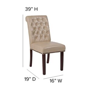 Flash Furniture Set of 6 Hercules Series Beige LeatherSoft Parsons Chairs with Rolled Back, Accent Nail Trim and Walnut Finish