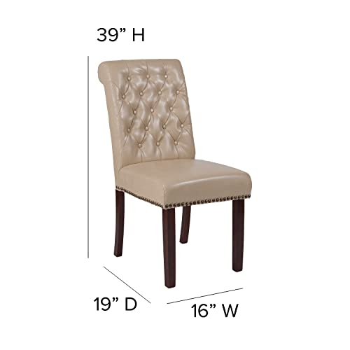 Flash Furniture Set of 6 Hercules Series Beige LeatherSoft Parsons Chairs with Rolled Back, Accent Nail Trim and Walnut Finish