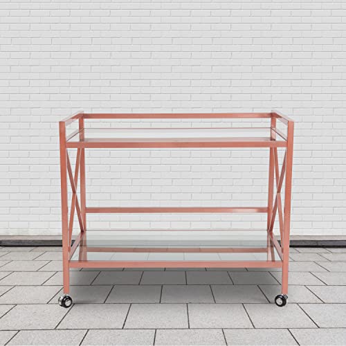 Flash Furniture Glenwood Park Glass Kitchen Serving and Bar Cart with Rose Gold Frame