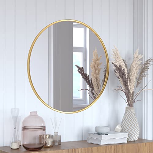 Flash Furniture Julianne Metal Framed Wall Large Accent Mirror for Bathroom, Vanity, Entryway, Dining, Living Room, 30" Round, Gold