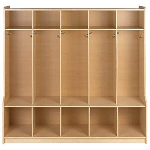 Flash Furniture Wooden 5 Section School Coat Locker with Bench, Cubbies, and Storage Organizer Hook-Safe, Kid Friendly Design - 48"H x 48"L (Natural)