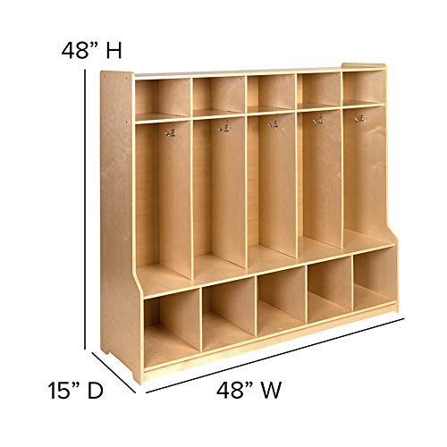 Flash Furniture Wooden 5 Section School Coat Locker with Bench, Cubbies, and Storage Organizer Hook-Safe, Kid Friendly Design - 48"H x 48"L (Natural)