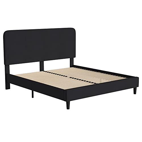 Flash Furniture Addison Platform Bed - Charcoal Fabric Upholstery - King - Headboard with Rounded Edges - Wood Slat Support - No Box Spring or Foundation Needed