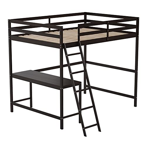 Flash Furniture Riley Loft Bed Frame with Desk - Espresso Wood Slats - Full Size - Protective Guard Rails & Ladder - Kids, Teens and Adults - Space Saving Design