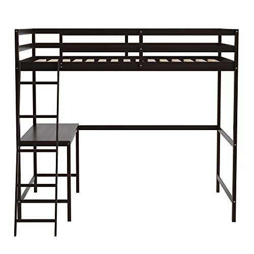 Flash Furniture Riley Loft Bed Frame with Desk - Espresso Wood Slats - Full Size - Protective Guard Rails & Ladder - Kids, Teens and Adults - Space Saving Design