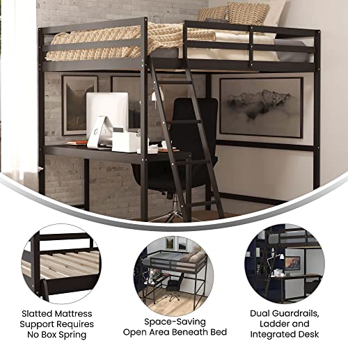 Flash Furniture Riley Loft Bed Frame with Desk - Espresso Wood Slats - Full Size - Protective Guard Rails & Ladder - Kids, Teens and Adults - Space Saving Design