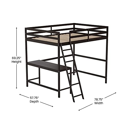 Flash Furniture Riley Loft Bed Frame with Desk - Espresso Wood Slats - Full Size - Protective Guard Rails & Ladder - Kids, Teens and Adults - Space Saving Design