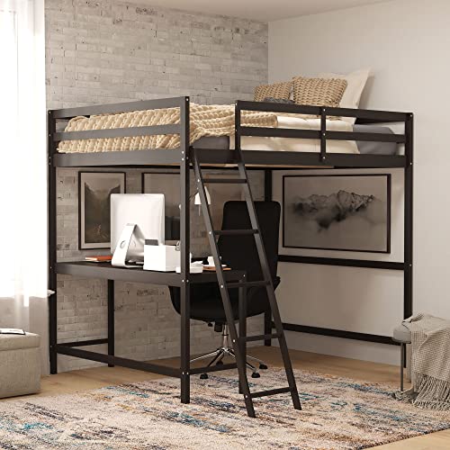 Flash Furniture Riley Loft Bed Frame with Desk - Espresso Wood Slats - Full Size - Protective Guard Rails & Ladder - Kids, Teens and Adults - Space Saving Design