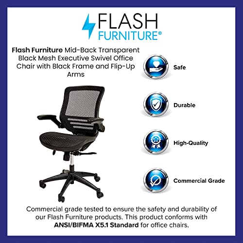 Flash Furniture Mid-Back Transparent Black Mesh Executive Swivel Office Chair with Black Frame and Flip-Up Arms