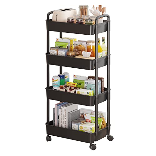 Sywhitta 4-Tier Plastic Rolling Utility Cart with Handle, Multi-Functional Storage Trolley for Office, Living Room, Kitchen, Movable Storage Organizer with Wheels, Black