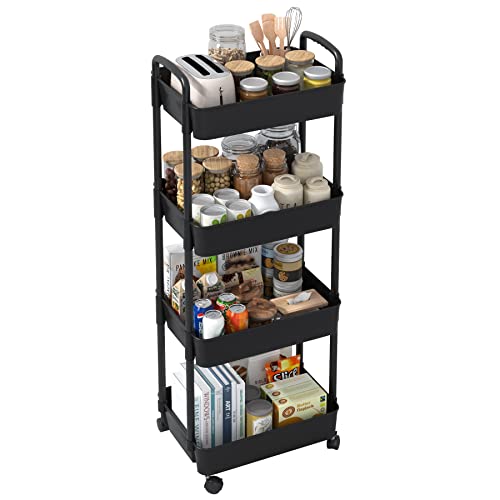 Sywhitta 4-Tier Plastic Rolling Utility Cart with Handle, Multi-Functional Storage Trolley for Office, Living Room, Kitchen, Movable Storage Organizer with Wheels, Black