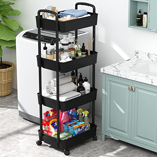 Sywhitta 4-Tier Plastic Rolling Utility Cart with Handle, Multi-Functional Storage Trolley for Office, Living Room, Kitchen, Movable Storage Organizer with Wheels, Black