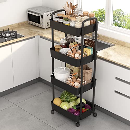 Sywhitta 4-Tier Plastic Rolling Utility Cart with Handle, Multi-Functional Storage Trolley for Office, Living Room, Kitchen, Movable Storage Organizer with Wheels, Black