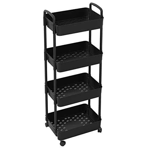 Sywhitta 4-Tier Plastic Rolling Utility Cart with Handle, Multi-Functional Storage Trolley for Office, Living Room, Kitchen, Movable Storage Organizer with Wheels, Black