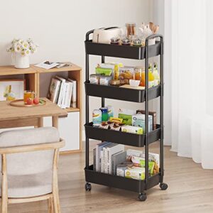 Sywhitta 4-Tier Plastic Rolling Utility Cart with Handle, Multi-Functional Storage Trolley for Office, Living Room, Kitchen, Movable Storage Organizer with Wheels, Black