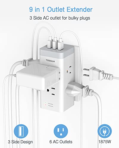 Multi Plug Outlet Extender with USB, TESSAN Surge Protector Outlet with 3 USB Wall Charger, 1050J Multiple Outlet Expander with 6 Electrical Outlet for Home, Dorm Room Essentials