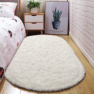 junovo oval fluffy ultra soft area rugs for bedroom plush shaggy carpet for kids room bedside nursery mats, 2.6 x 5.3ft, creamy