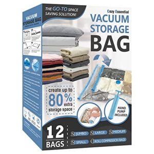 12 pack vacuum storage bags, space saver bags (2 jumbo/2 large/2 medium/2 small/4 roll) compression storage bags for comforters and blankets, vacuum sealer bags for clothes storage, hand pump included