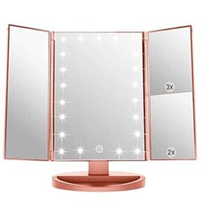 infitrans 3 folds lighted vanity makeup mirror,1x/2x/3x magnification, 21 led bright table mirror with touch screen,180 adjustable rotation,portable travel cosmetic mirror