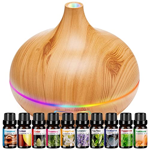 Aroma Diffuser for Essential Oil Large Room Diffusers Set with 10 Essential Oils,Ultrasonic 550ml Aromatherapy Diffuser with Essential Oil, Bedroom Vaporizer Cool Mist Humidifier for Home Office