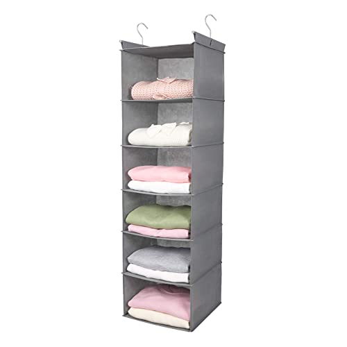 MAX Houser 6 Tier Shelf Hanging Closet Organizer, Closet Hanging Shelf with 2 Sturdy Hooks for Storage, Foldable (Light Grey)