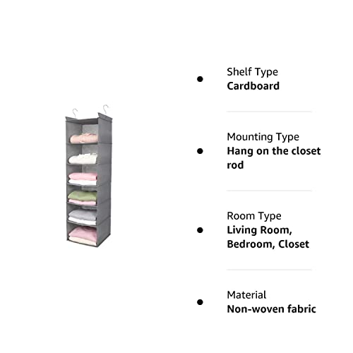 MAX Houser 6 Tier Shelf Hanging Closet Organizer, Closet Hanging Shelf with 2 Sturdy Hooks for Storage, Foldable (Light Grey)