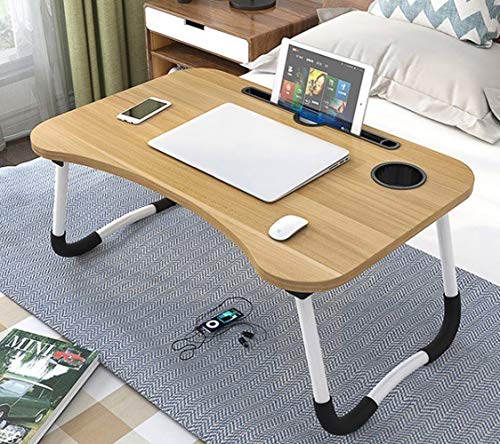 Lap Desk with Storage Drawer, Holders for Cup and Tablet, Laptop Bed Tray Table with Foldable Legs, Laptop Bed Stand, Portable Standing Table for Sofa Couch Floor Bed (23.6", Walnut)