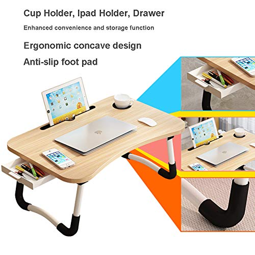 Lap Desk with Storage Drawer, Holders for Cup and Tablet, Laptop Bed Tray Table with Foldable Legs, Laptop Bed Stand, Portable Standing Table for Sofa Couch Floor Bed (23.6", Walnut)