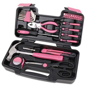 apollo tools original 39 piece general household tool set in toolbox storage case with essential hand tools for everyday home repairs, diy and crafts – pink ribbon – pink – dt9706p