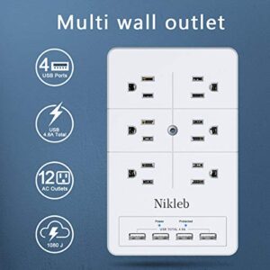 Multi Plug Outlet Surge Protector Nikleb, 12 Electrical Outlet Extender 3 Sided, Wall Outlet with 4 USB Charging Ports Total 4.8A, Plug Adapter 3 Prong, Charging Station Block Wall Mount Low Profile