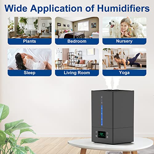 6L Humidifiers for Bedroom Large Room, Cool Mist Humidifiers for Baby Nursery Plants with Essential Oils Diffuser, 360°Rotatable Double Spray Outlet Nozzle, Auto-Shut Off, Sleep Mode, Quiet, Top Fill Ultrasonic Smart Control, Easy to Clean