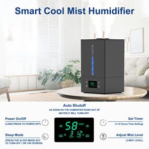 6L Humidifiers for Bedroom Large Room, Cool Mist Humidifiers for Baby Nursery Plants with Essential Oils Diffuser, 360°Rotatable Double Spray Outlet Nozzle, Auto-Shut Off, Sleep Mode, Quiet, Top Fill Ultrasonic Smart Control, Easy to Clean