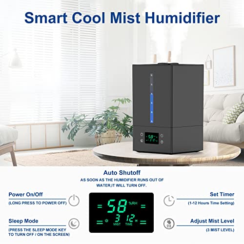 6L Humidifiers for Bedroom Large Room, Cool Mist Humidifiers for Baby Nursery Plants with Essential Oils Diffuser, 360°Rotatable Double Spray Outlet Nozzle, Auto-Shut Off, Sleep Mode, Quiet, Top Fill Ultrasonic Smart Control, Easy to Clean