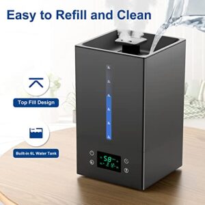 6L Humidifiers for Bedroom Large Room, Cool Mist Humidifiers for Baby Nursery Plants with Essential Oils Diffuser, 360°Rotatable Double Spray Outlet Nozzle, Auto-Shut Off, Sleep Mode, Quiet, Top Fill Ultrasonic Smart Control, Easy to Clean