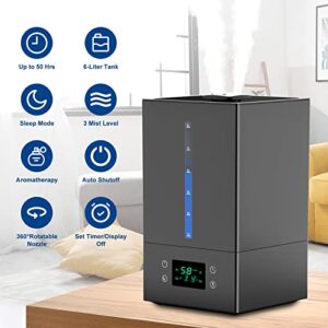 6L Humidifiers for Bedroom Large Room, Cool Mist Humidifiers for Baby Nursery Plants with Essential Oils Diffuser, 360°Rotatable Double Spray Outlet Nozzle, Auto-Shut Off, Sleep Mode, Quiet, Top Fill Ultrasonic Smart Control, Easy to Clean