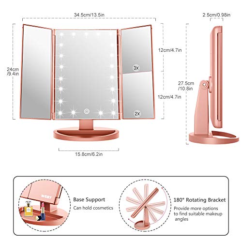 WEILY Makeup Mirror with 21 LED Lights,Two Power Supply, Touch Screen and 1x/2x/3x Magnification Tri-Fold Vanity Mirror, Gift for Women（Rose Gold）