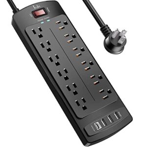 power strip , tcstei surge protector with 12 outlets and 4 usb ports, 6 feet extension cord (1875w/15a) for for home, office, dorm essentials, 2700 joules, etl listed, (black)