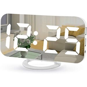 digital alarm clock,7″ led mirror electronic clocks,with 2 usb charging ports,snooze mode,auto adjust brightness,modern desk wall clocks for bedrooms living room office – white