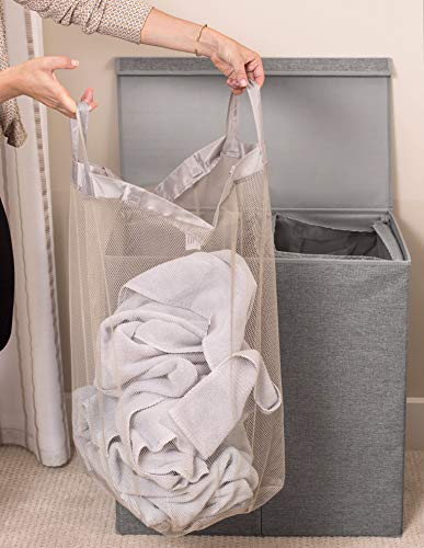 BIRDROCK HOME Premium 2 Section Linen Collapsible Laundry Hamper with 4 Load Capacity | Removable Mesh Bags, Magnetic Lid and Sturdy MDF Board | Stylish Dual Compartment Clothes Hamper | Grey